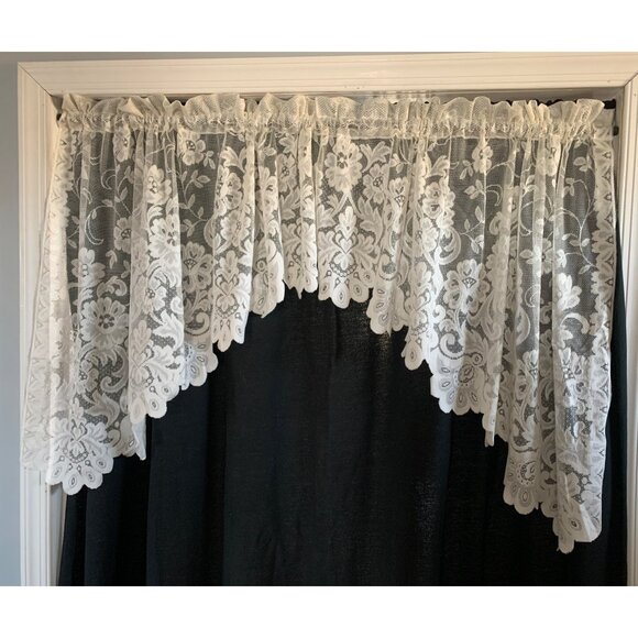 Accents | Cream Lace Window Valance Curtains Floral Scalloped Edges 4 W ...